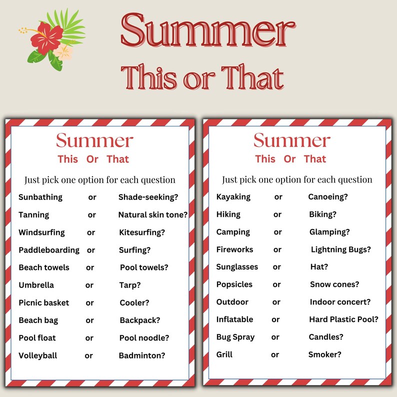Summer This or That Game, Summer Game, Printable Summer Game, Instant ...
