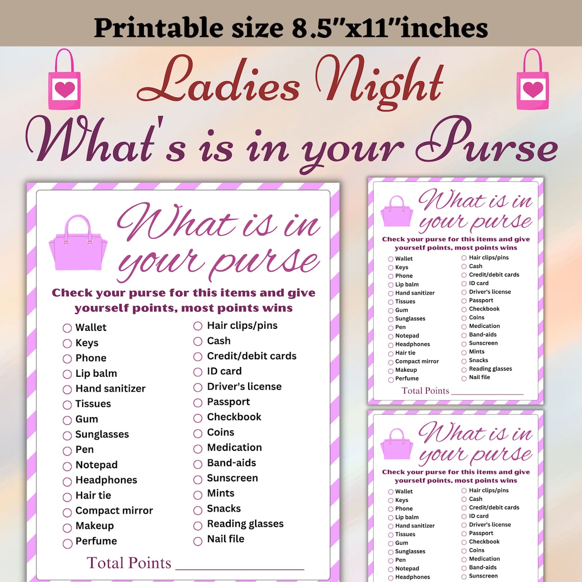 What's in Your Purse Game, Printable Bridal Shower Game, Minimalist ...