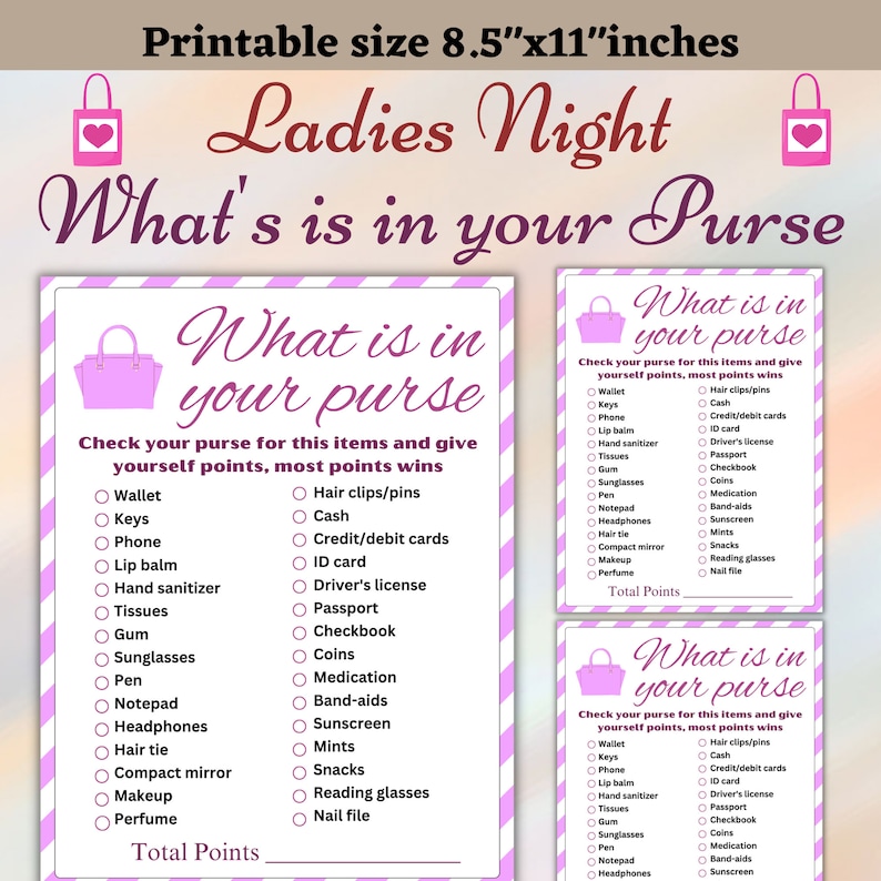 What's in Your Purse Game, Printable Bridal Shower Game, Minimalist ...