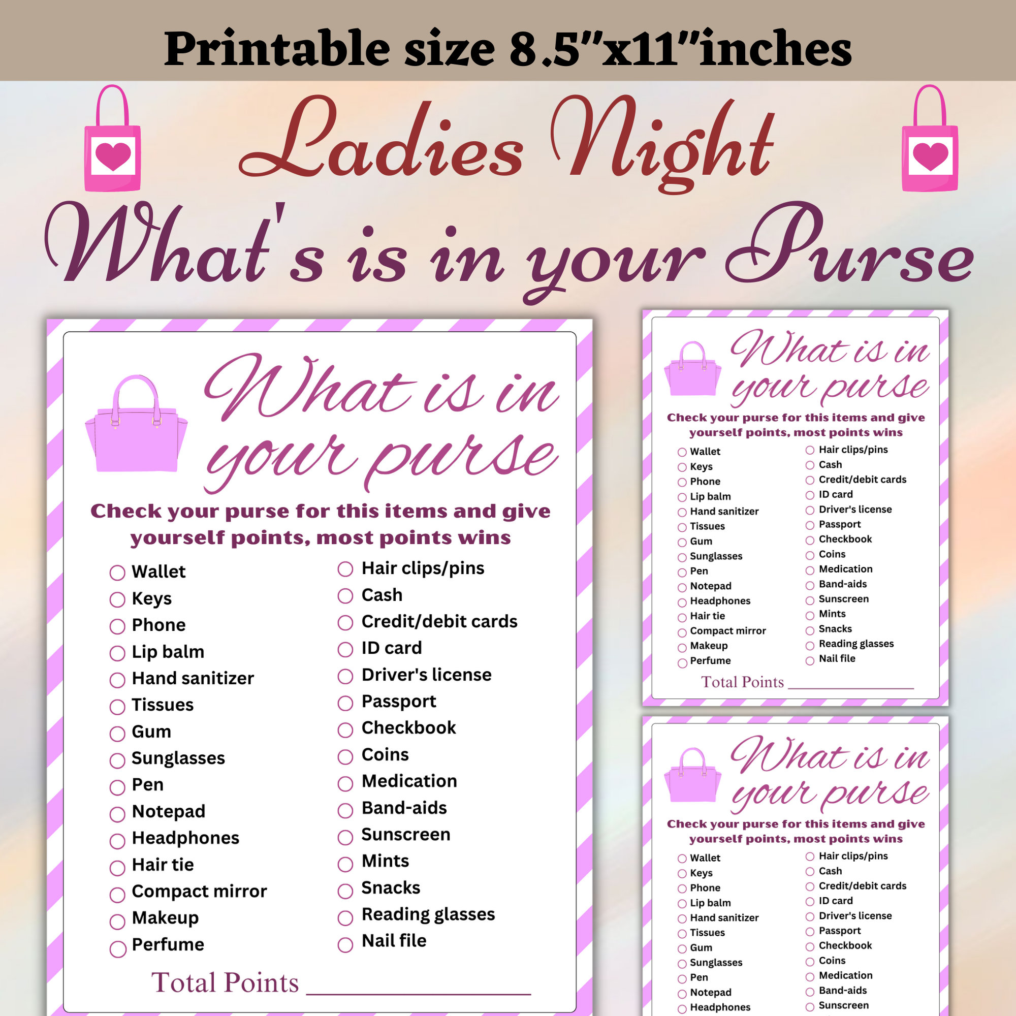 What's in Your Purse Game, Printable Bridal Shower Game, Minimalist ...