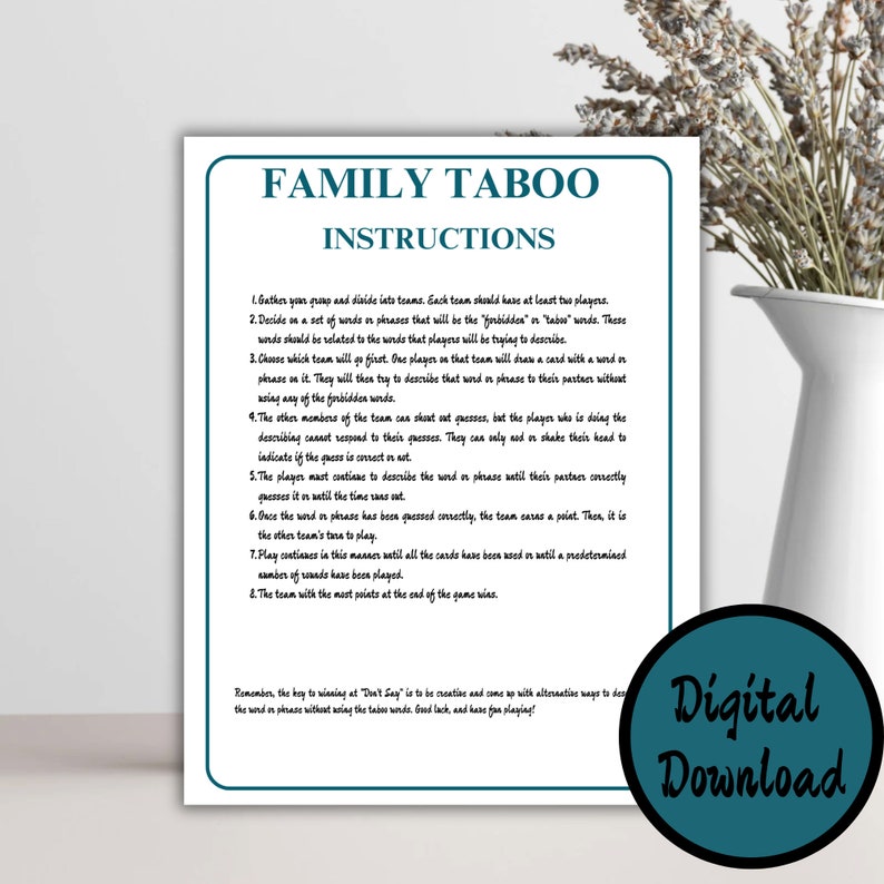 Ultimate Family Taboo Game, Printable Word Association (digital ...