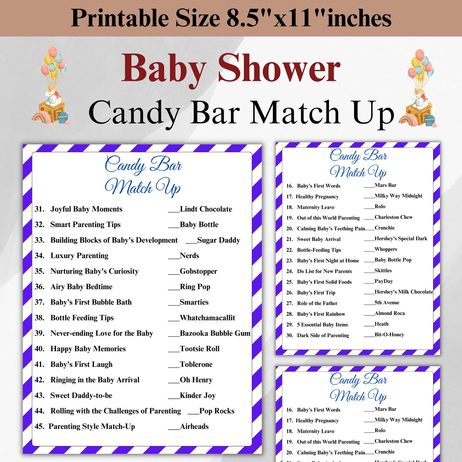 Baby Shower Candy Bar Match Up, Printable Baby Shower Candy Bar Match ...