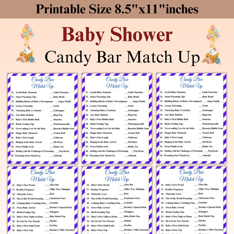 Baby Shower Candy Bar Match Up, Printable Baby Shower Candy Bar Match ...