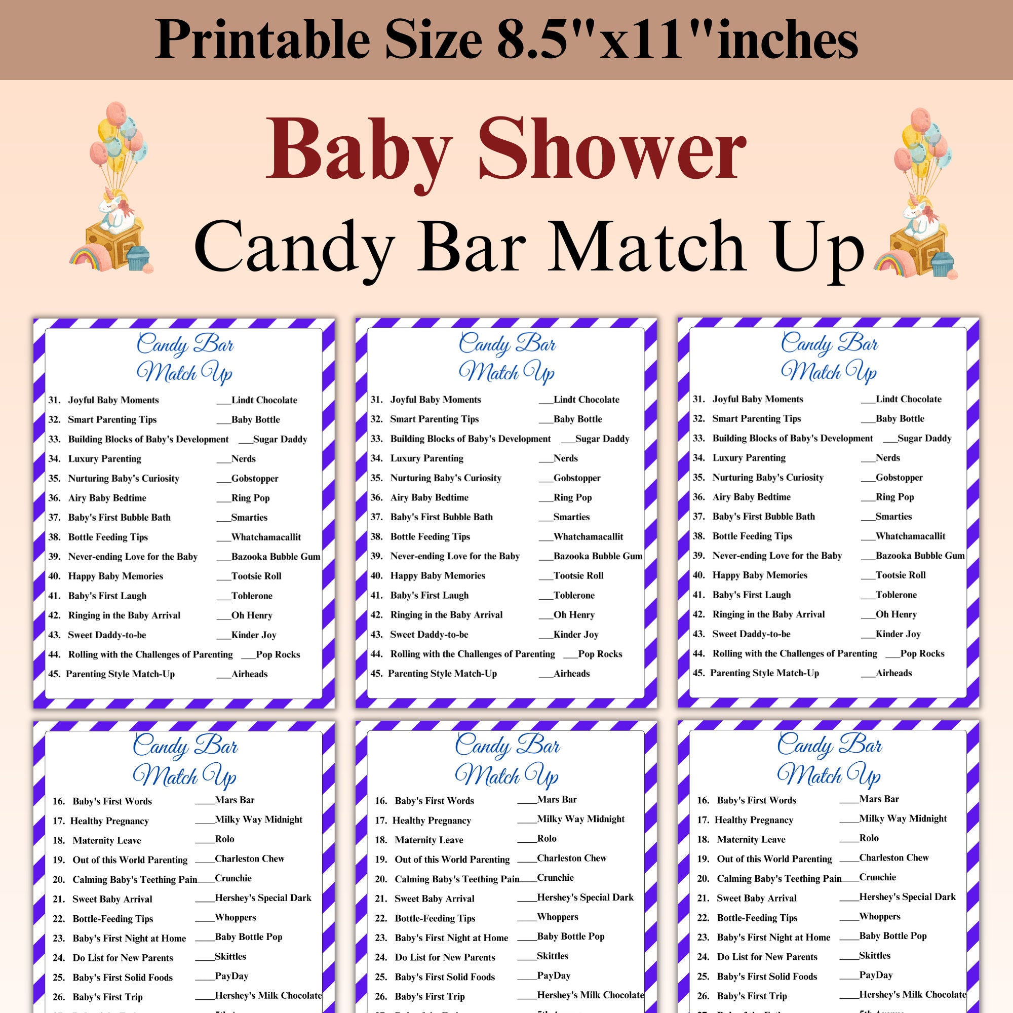 Baby Shower Candy Bar Match Up, Printable Baby Shower Candy Bar Match ...
