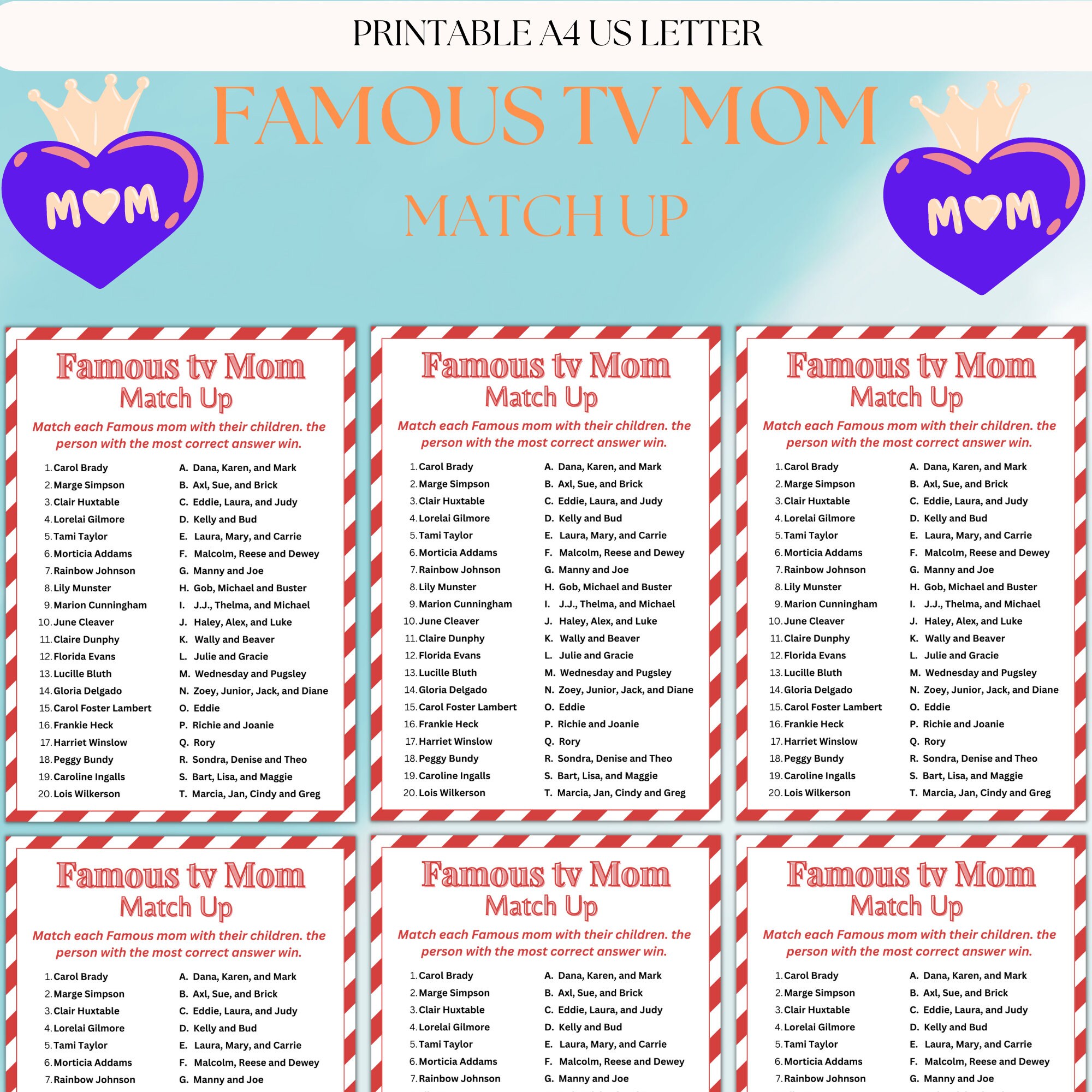 Famous TV Mom Match up Game Printable.printable Activity Family Party ...