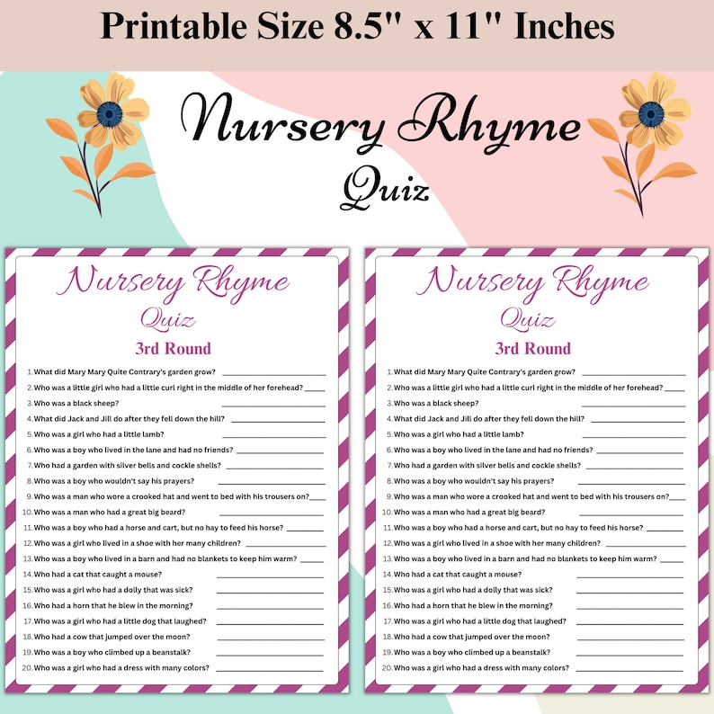 Baby Shower Game, Nursery Rhyme Game, Printable Nursery Rhymes, Instant ...