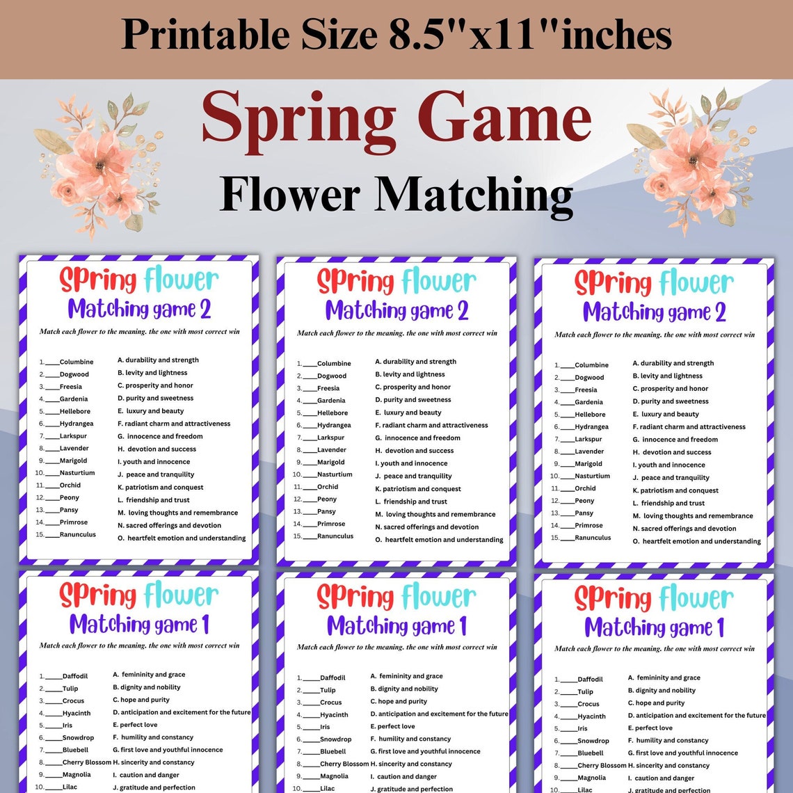 Spring Flower Matching Game, Printable Spring Flower Matching Game ...