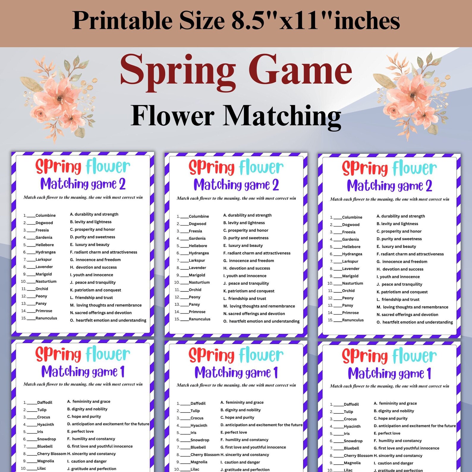 Spring Flower Matching Game, Printable Spring Flower Matching Game ...