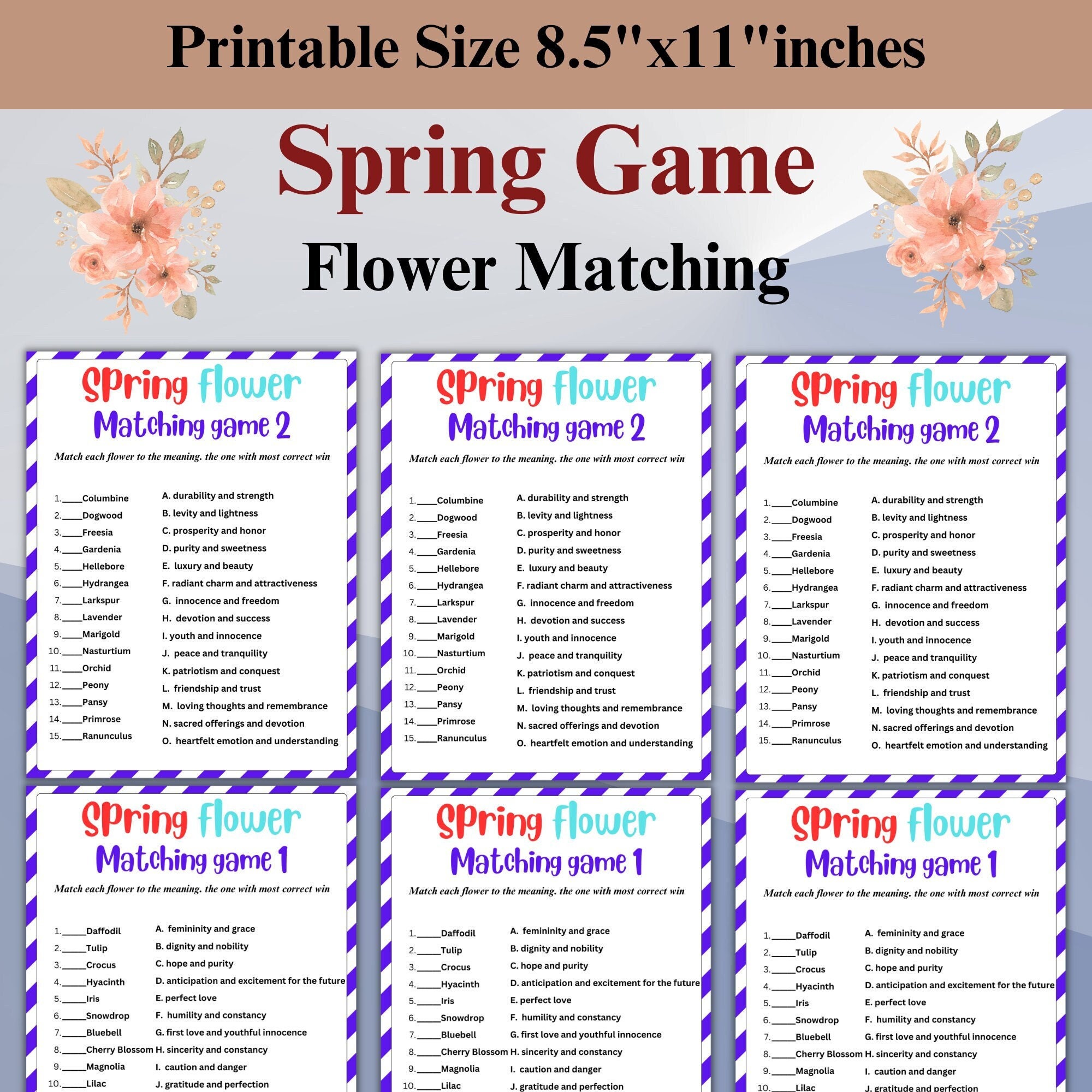 Spring Flower Matching Game, Printable Spring Flower Matching Game, Flower Lover, Instant ...
