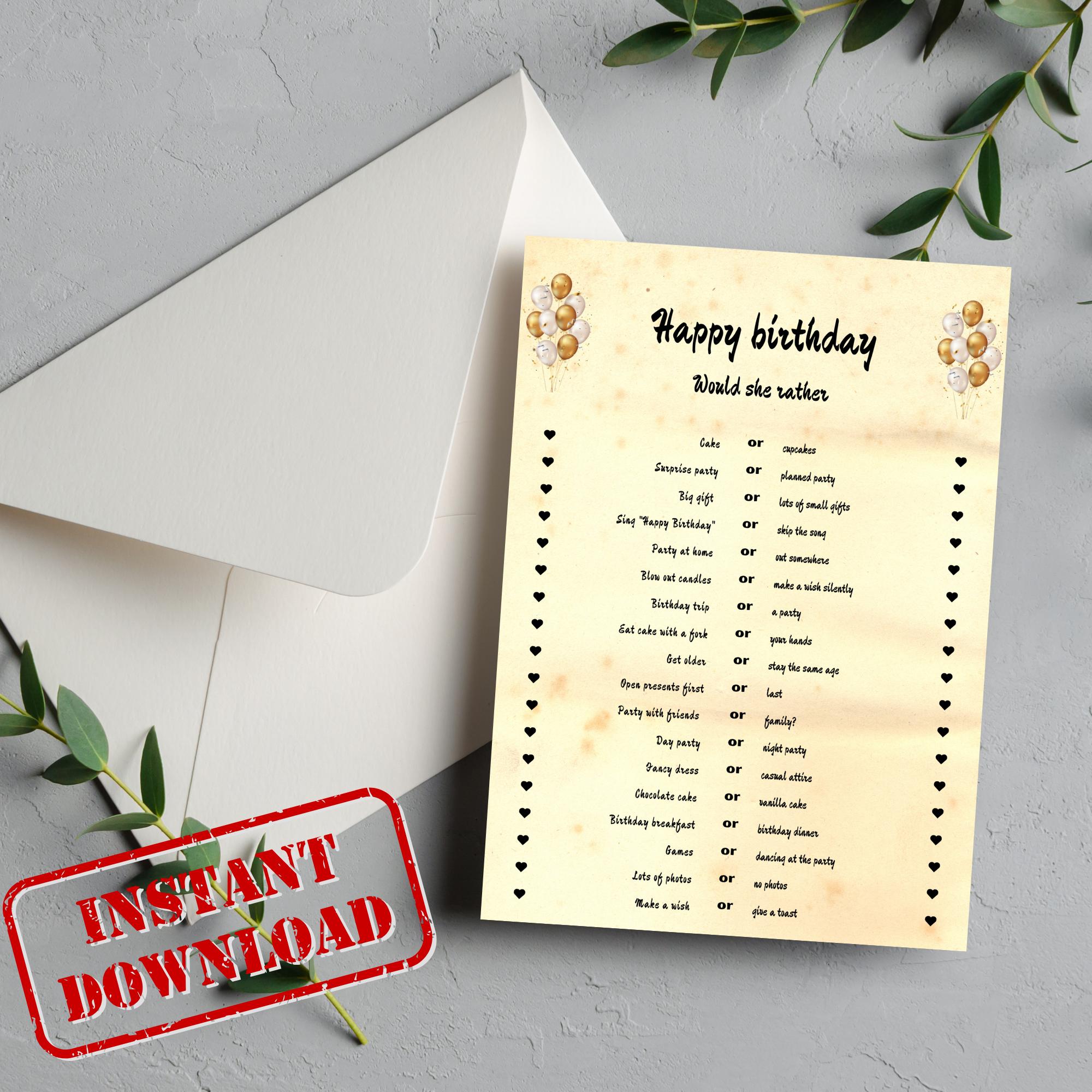 Printable Birthday Would She Rather Game | Fun Party Activity | Instant ...