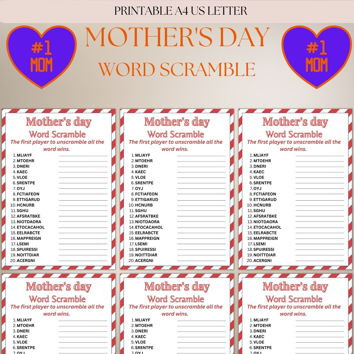 Mother's Day Word Scramble Game Printable Mother's Day Printable ...