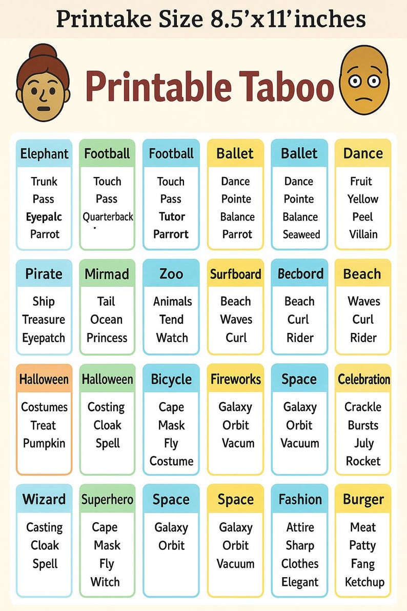 Printable Taboo Game, Taboo Game, Forbidden Words, Instant Download ...