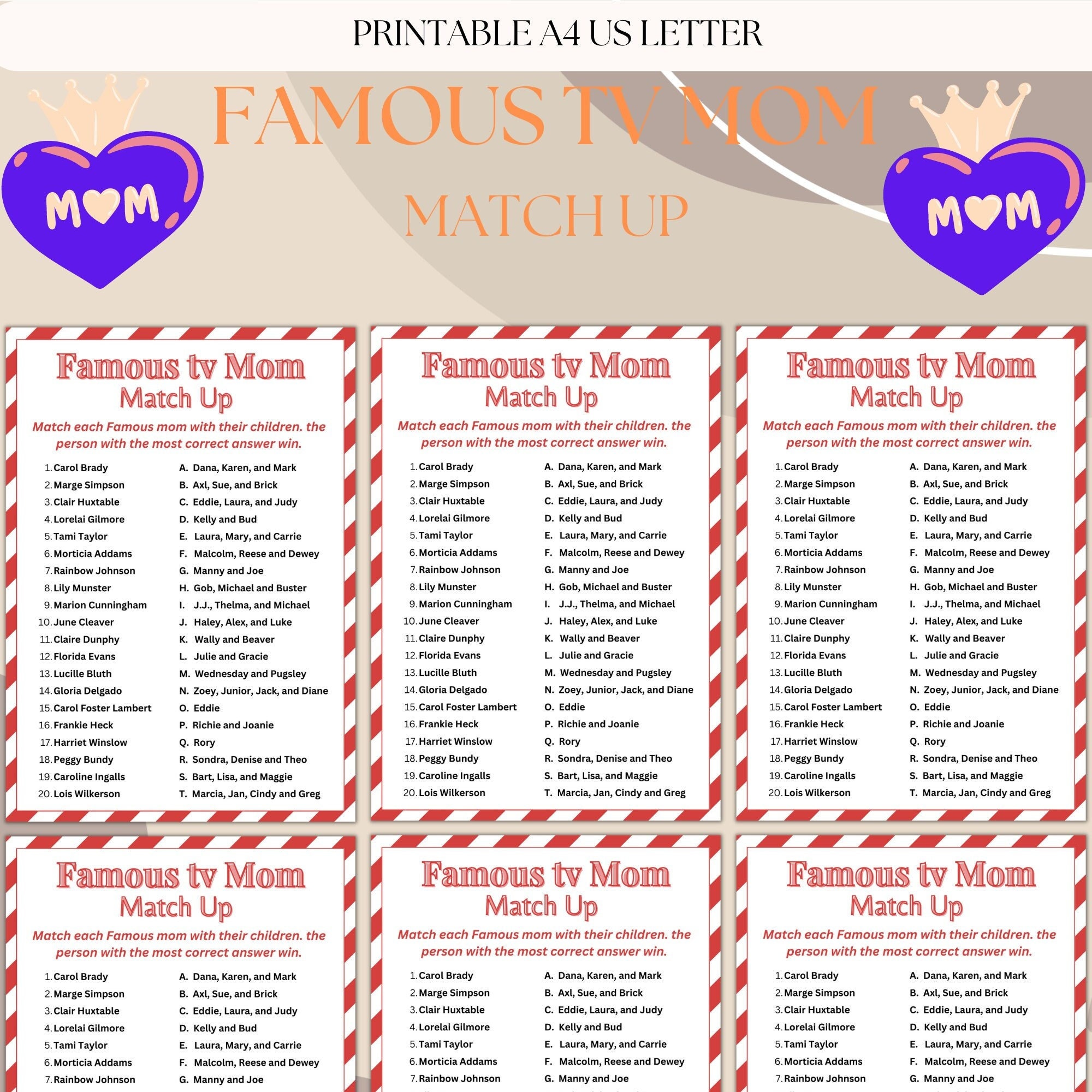 Famous TV Mom Match up Game Printable.printable Activity Family Party ...