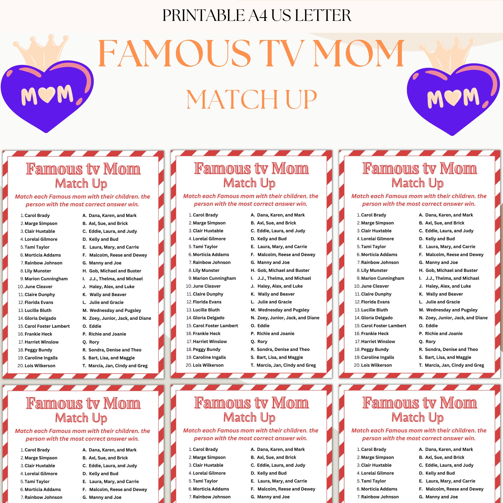 Famous TV Mom Match up Game Printable.printable Activity Family Party ...
