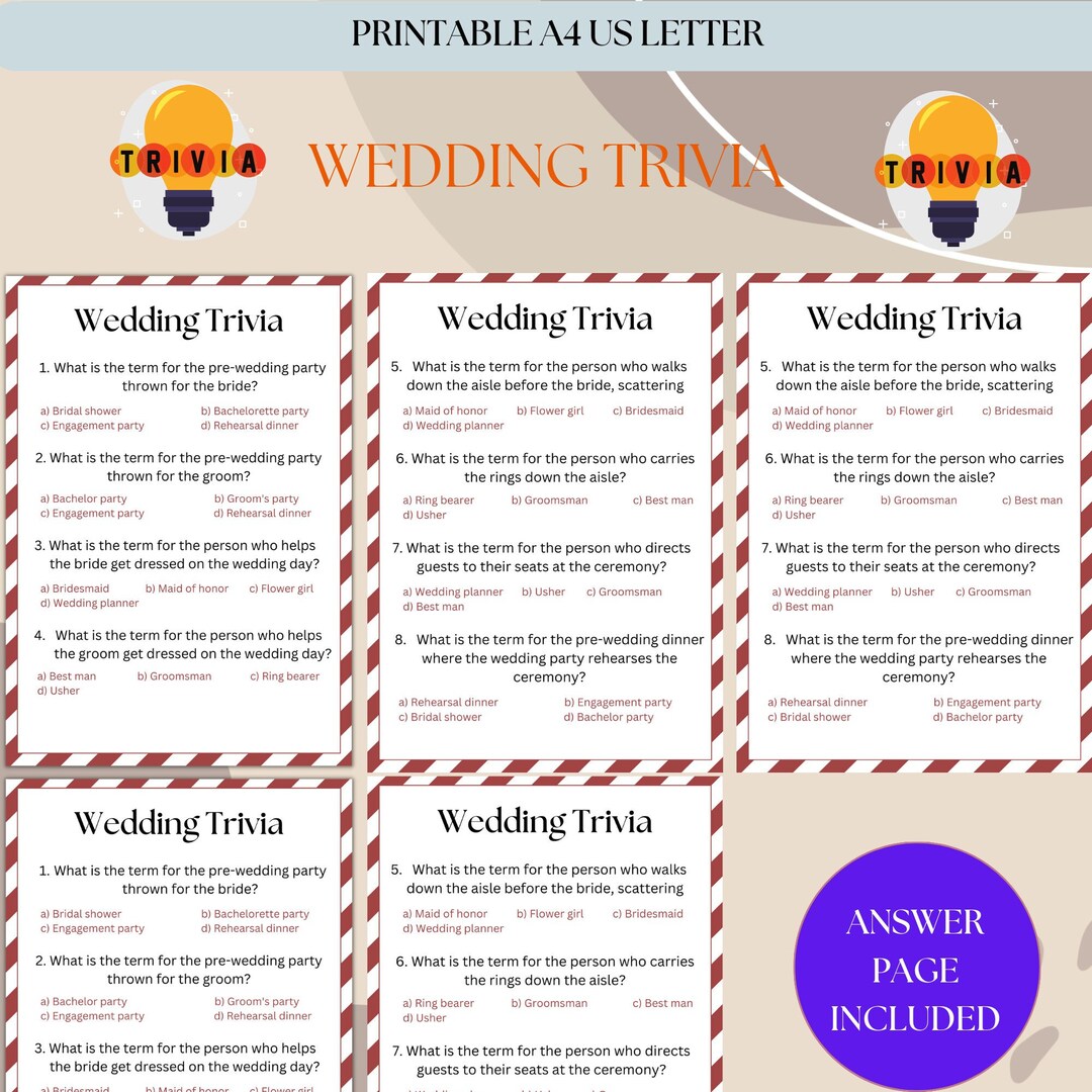 Wedding Trivia Quiz Game | Wedding Trivia | Printable Wedding ...