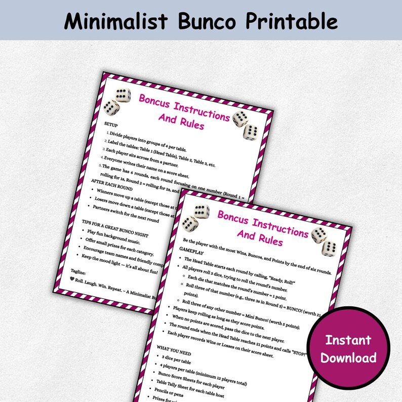 Minimalist Bunco Printable Score Sheets | Bunco Party Game Set ...