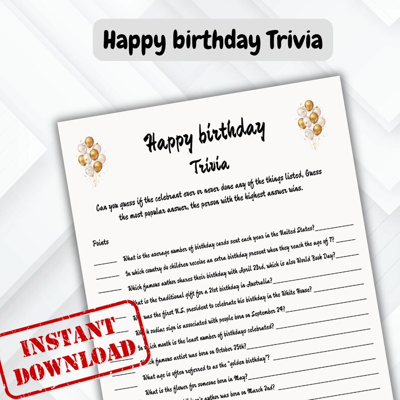 Printable Birthday Trivia Game | Fun Party Activity (instant Download ...