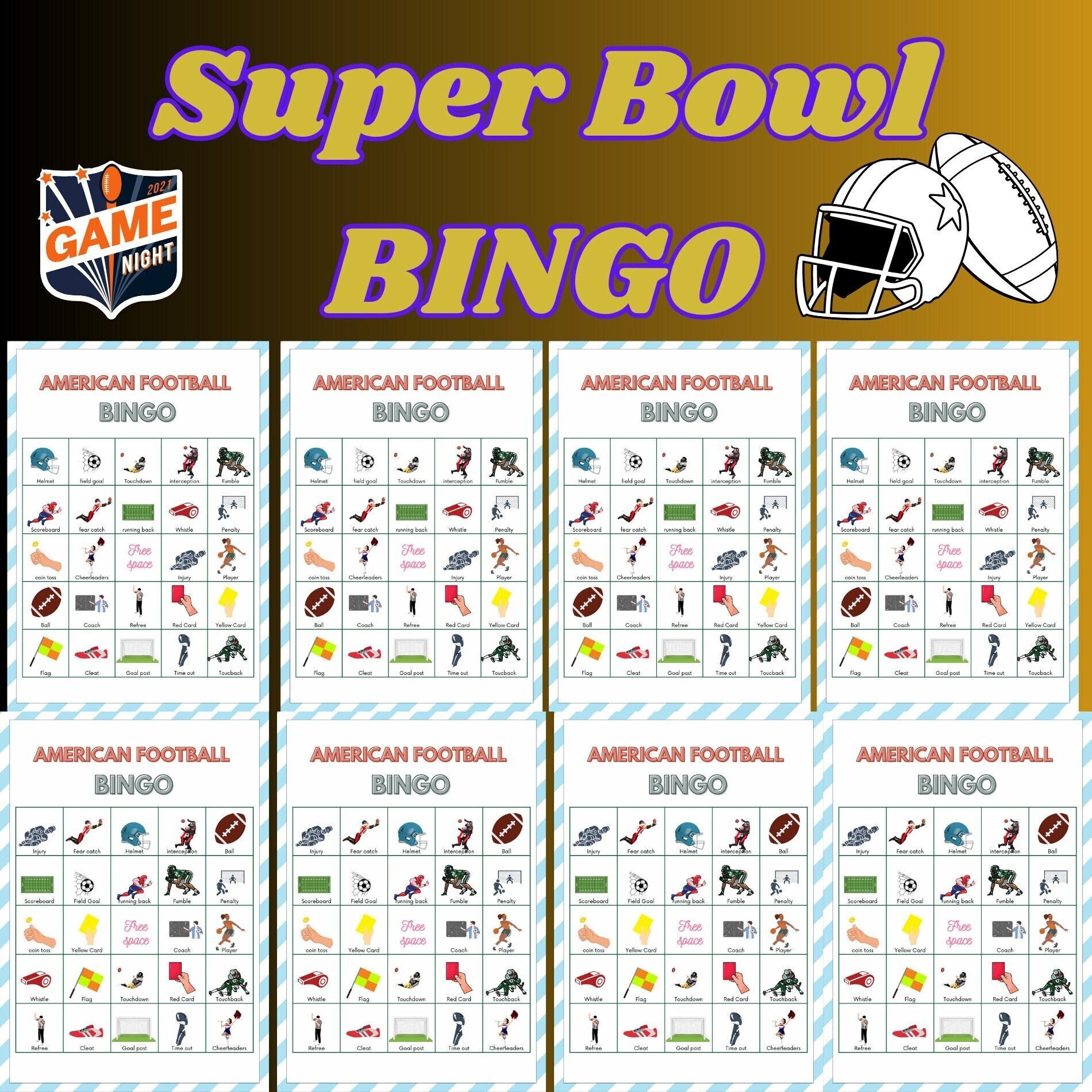 American Football Bingo, Superbowl Bingo, Football Game, Instant ...