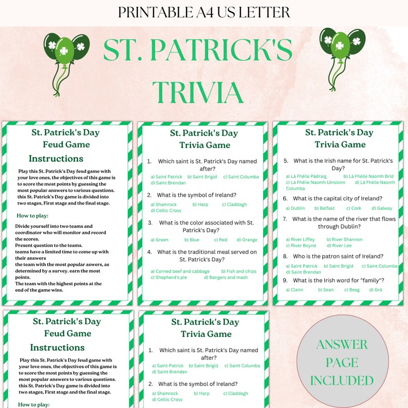 St. Patrick's Day Trivia Printable Game - Fun Irish Themed Party ...