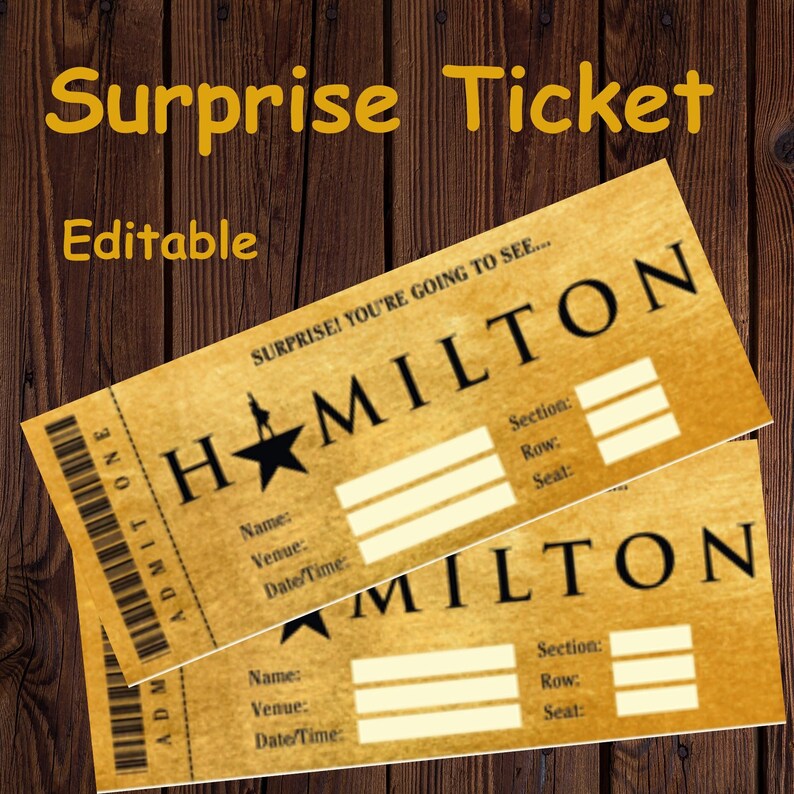 Printable HAMILTON Broadway Surprise Ticket. Editable Musical Theatre Faux Event Admission ...