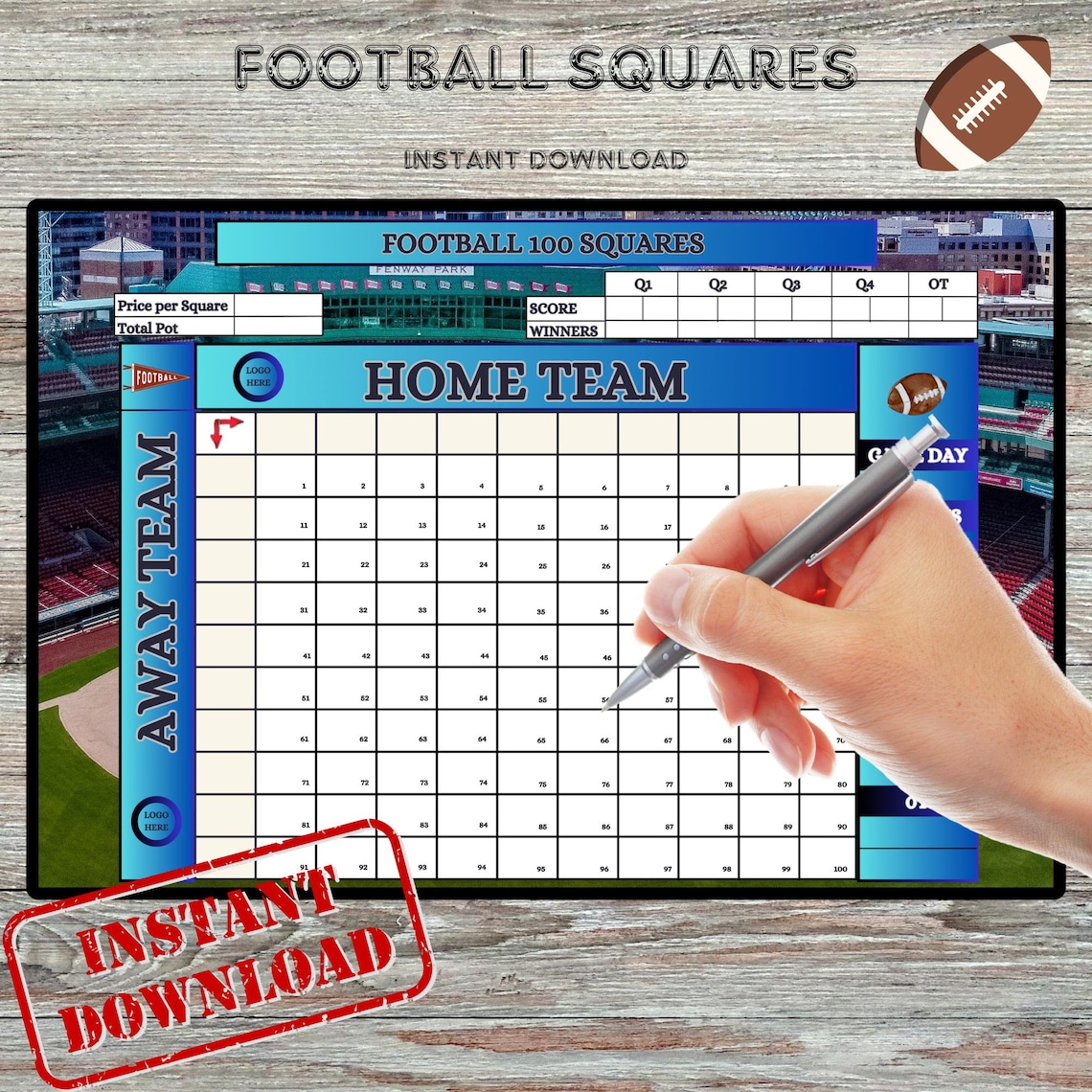 Editable Football 100 Squares Template | Customizable Fundraising Grid ...