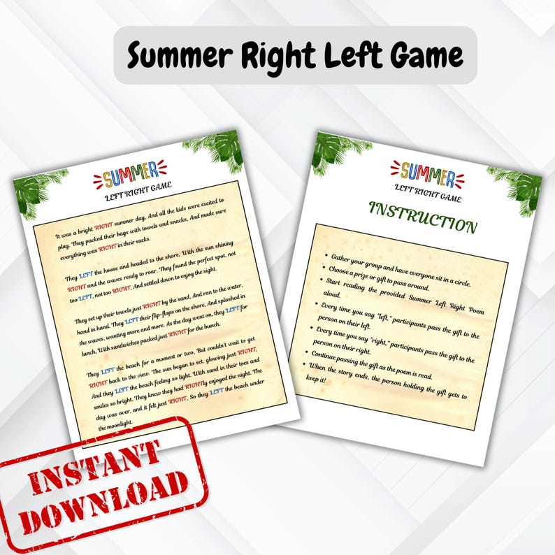 Summer Left Right Poem Game - Fun Summer Left Right Game - Pass Gift ...