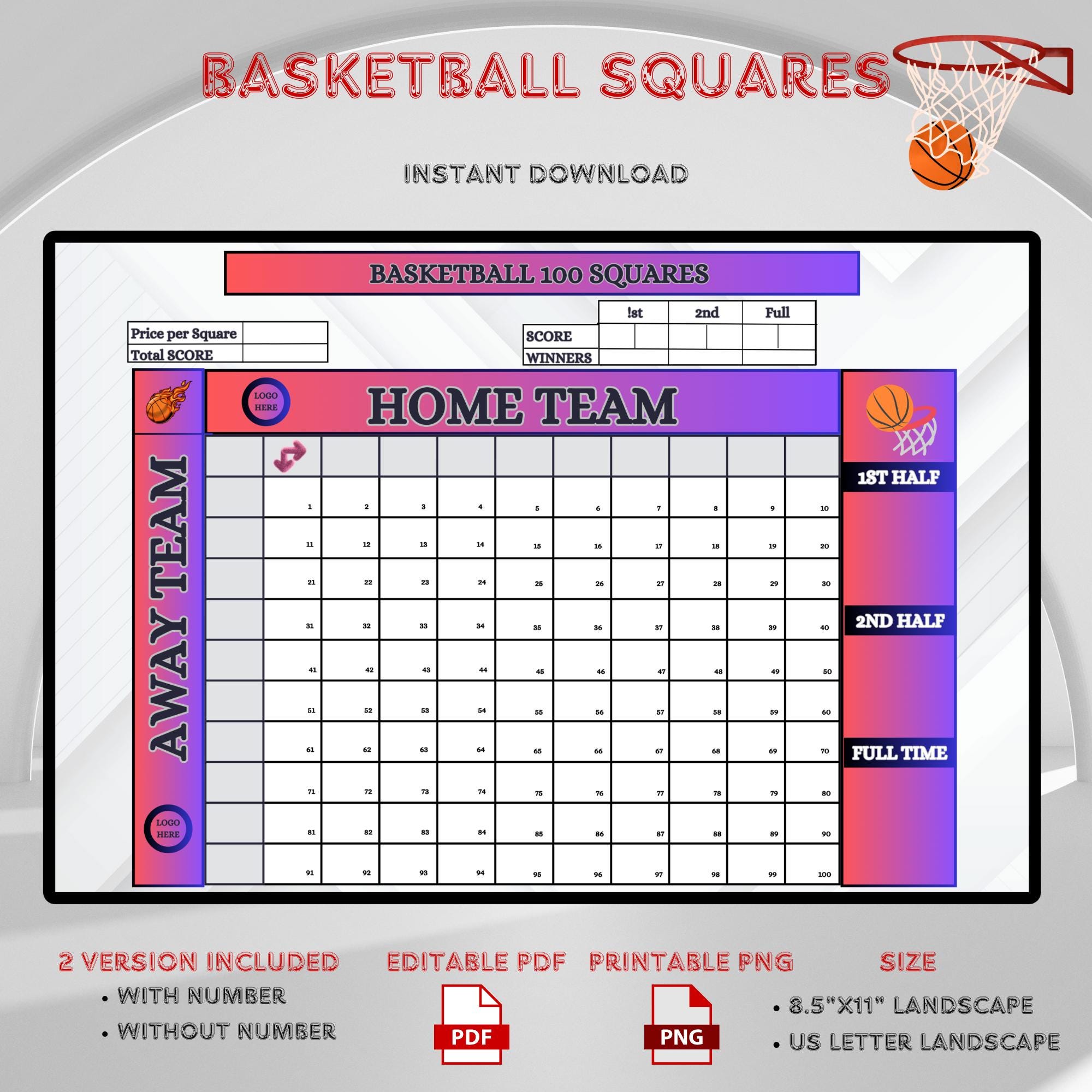 Editable Basketball 100 Squares Template | Customizable Fundraising ...