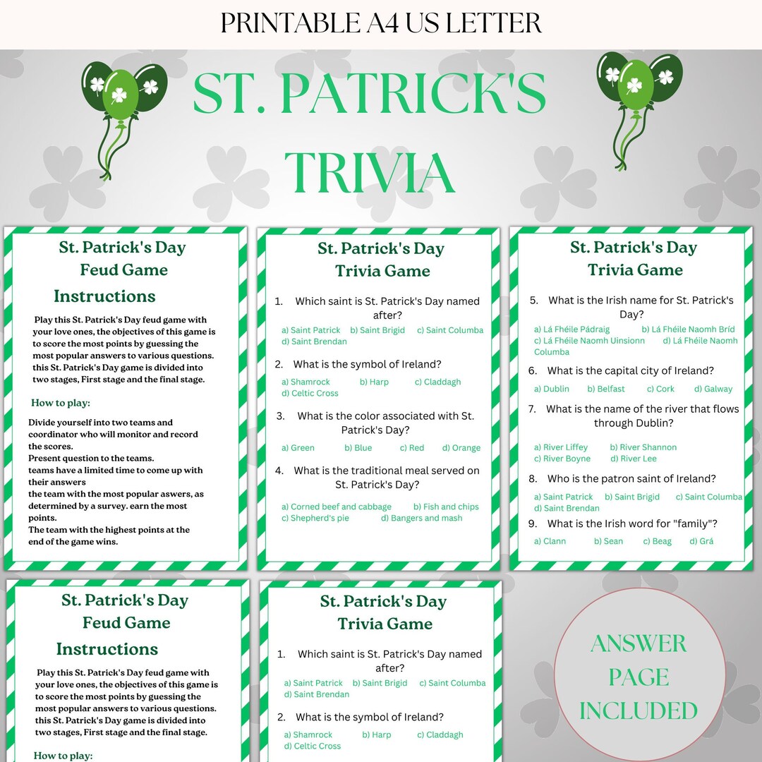 St. Patrick's Day Trivia Printable Game - Fun Irish Themed Party ...