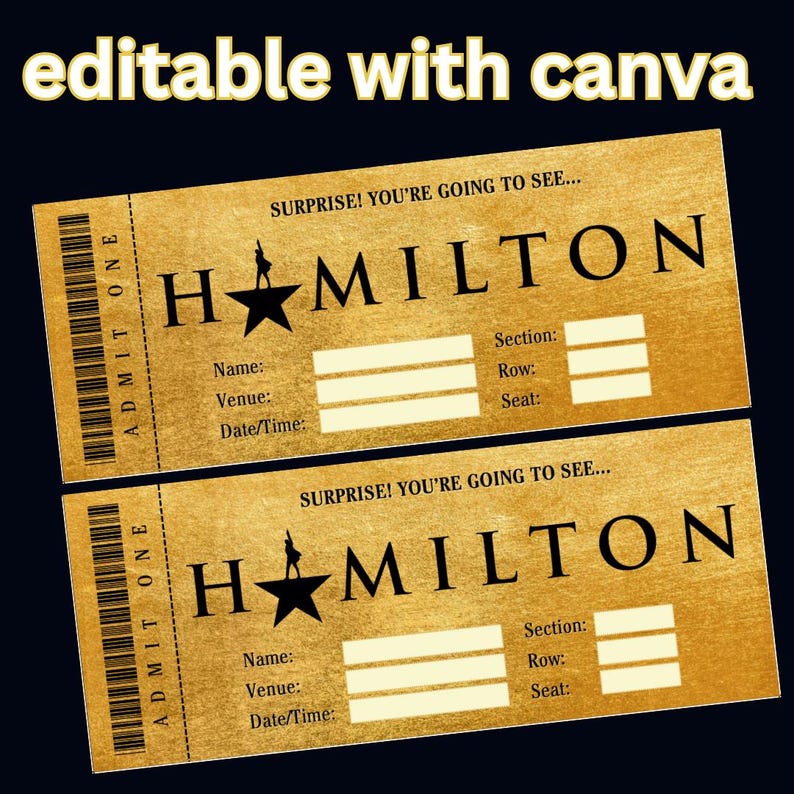 Printable HAMILTON Broadway Surprise Ticket. Editable Musical Theatre Faux Event Admission ...