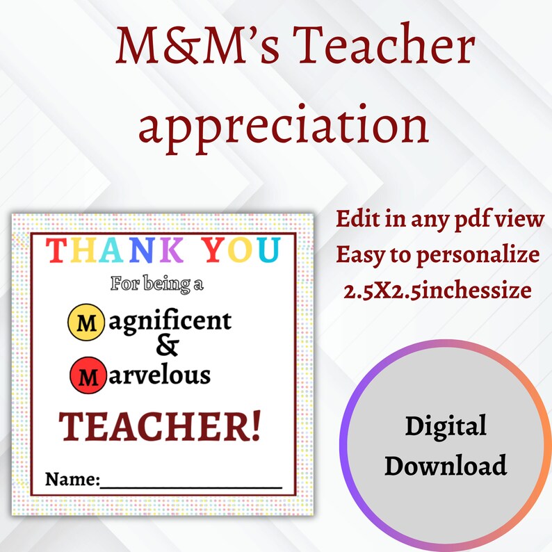 M&M Thank You Tag Printable . Staff Appreciation Teacher Gift - Etsy