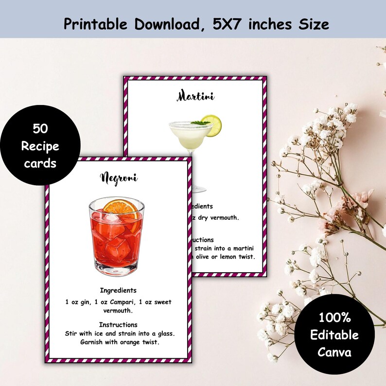 Editable Cocktail Recipe Cards Template | Printable Drink Mixology Bar ...