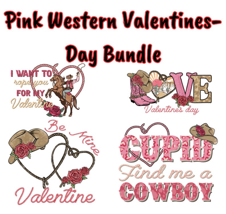 12 PNG Printable Pink Western Valentine's Day Bundle Cute Cowgirl Rodeo ...
