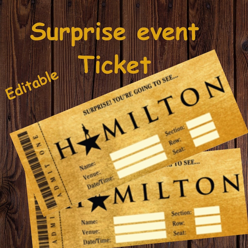 Printable HAMILTON Broadway Surprise Ticket. Editable Musical Theatre Faux Event Admission ...
