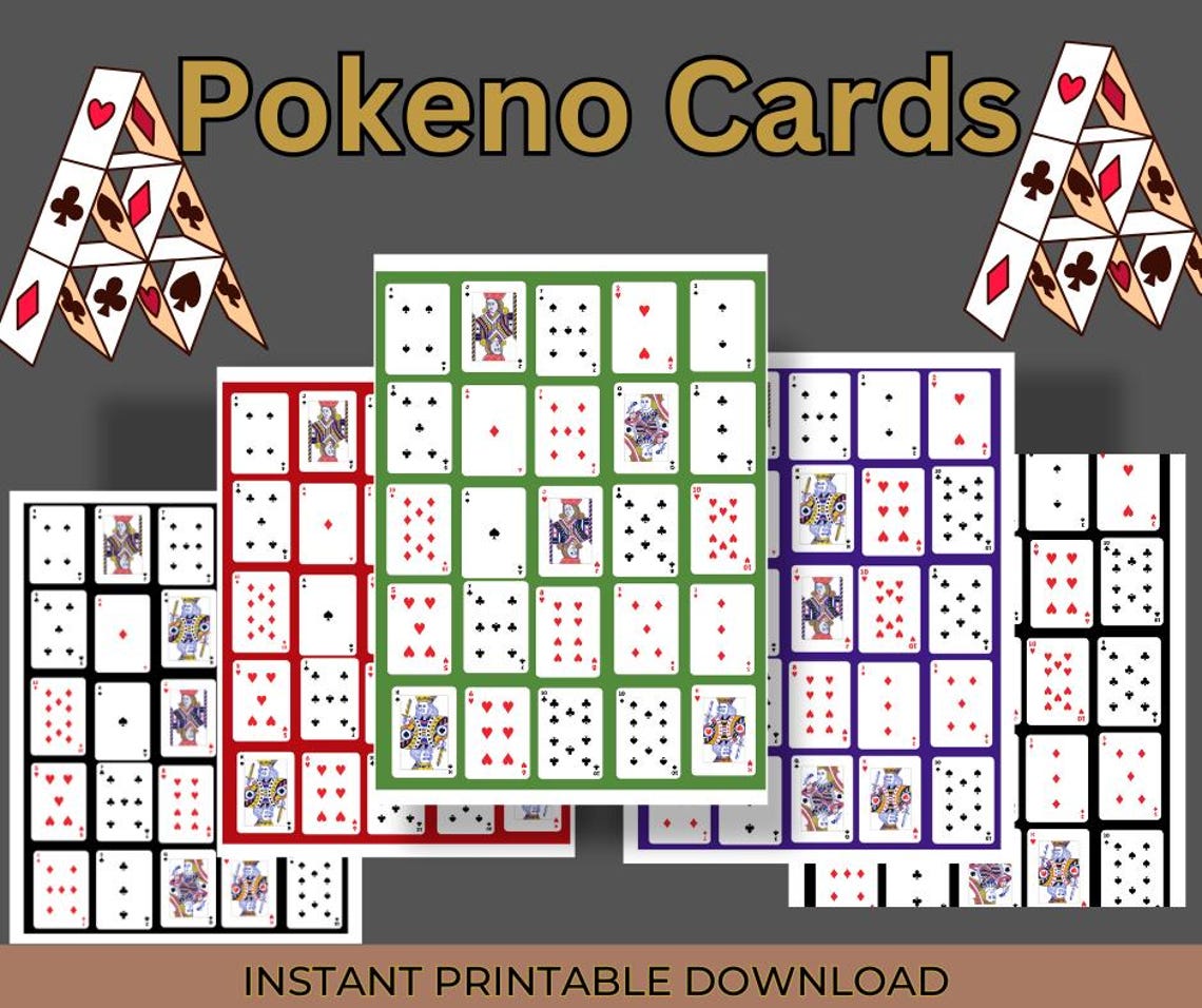 Printable Pokeno Card Game |100 Poker Keno Cards Set 1-4 Colors ...