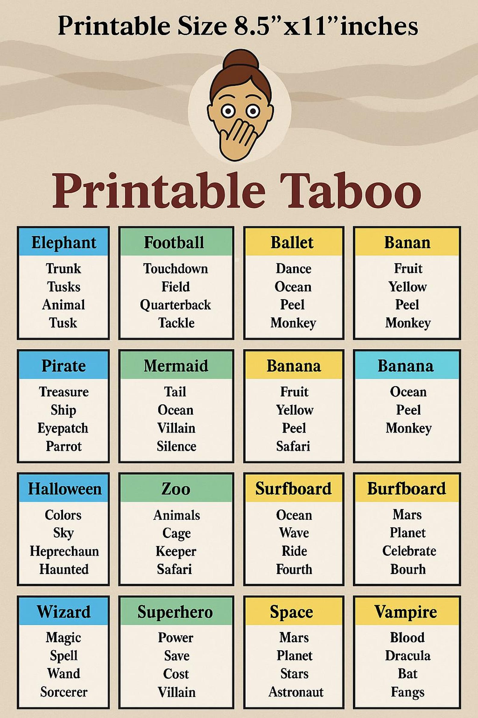 Printable Taboo Game, Taboo Game, Forbidden Words, Instant Download ...