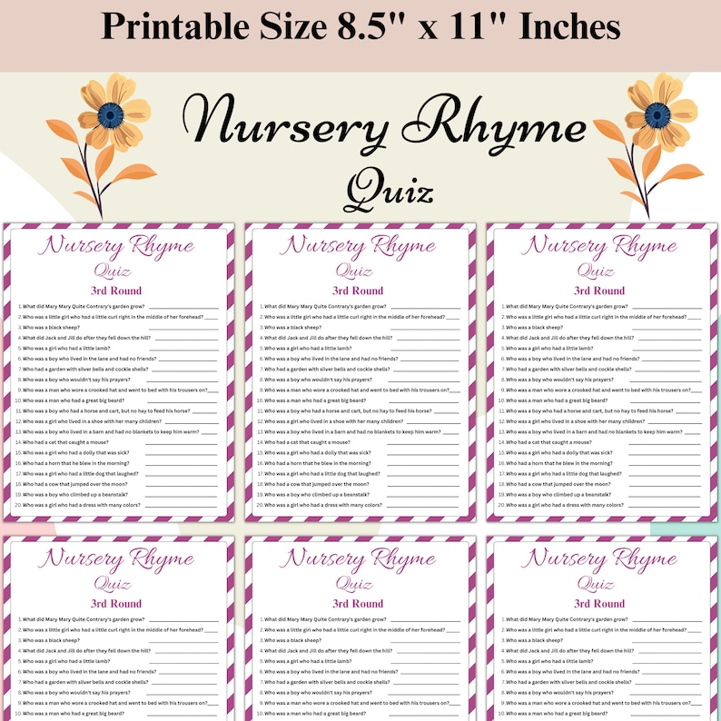 Baby Shower Game, Nursery Rhyme Game, Printable Nursery Rhymes, Instant ...