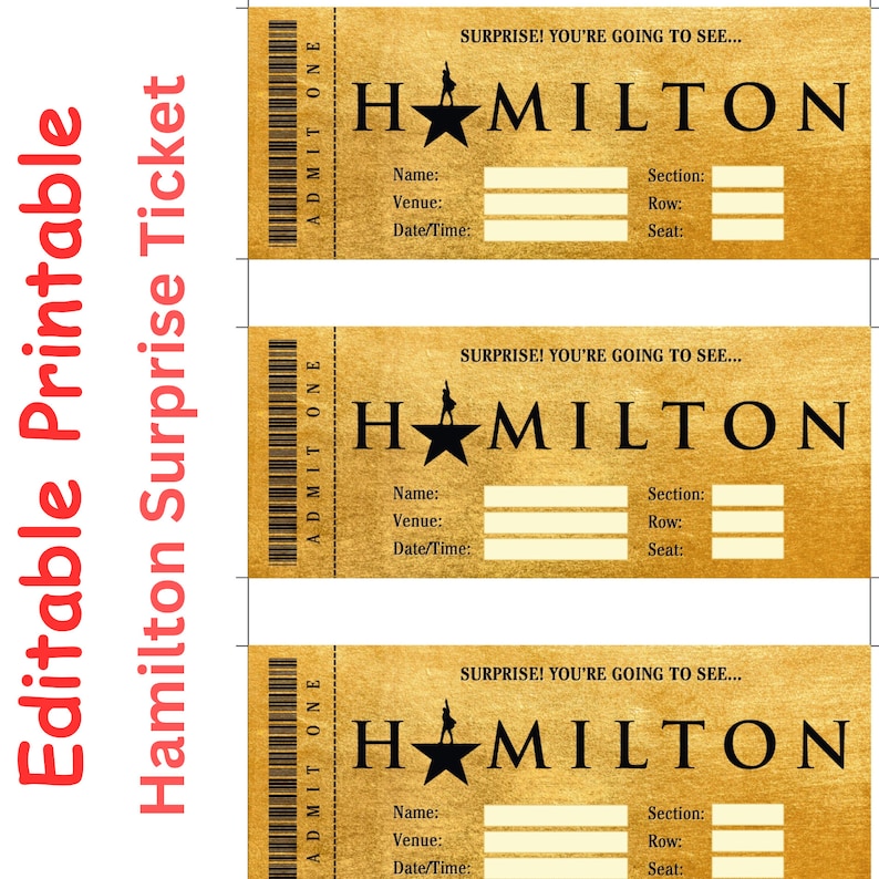 Printable HAMILTON Broadway Surprise Ticket. Editable Musical Theatre Faux Event Admission ...