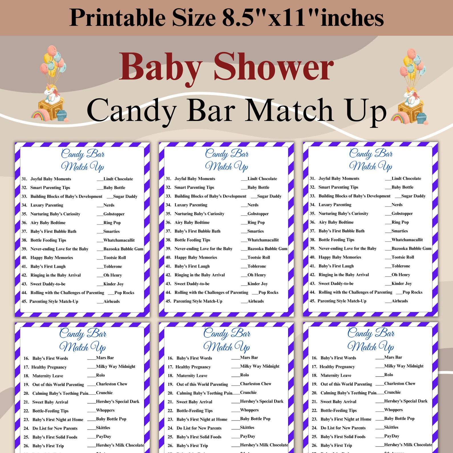 Baby Shower Candy Bar Match Up, Printable Baby Shower Candy Bar Match ...