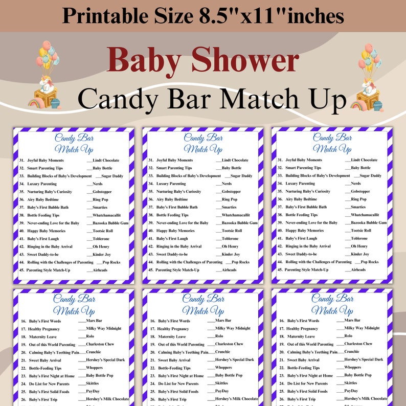 Baby Shower Candy Bar Match Up, Printable Baby Shower Candy Bar Match ...