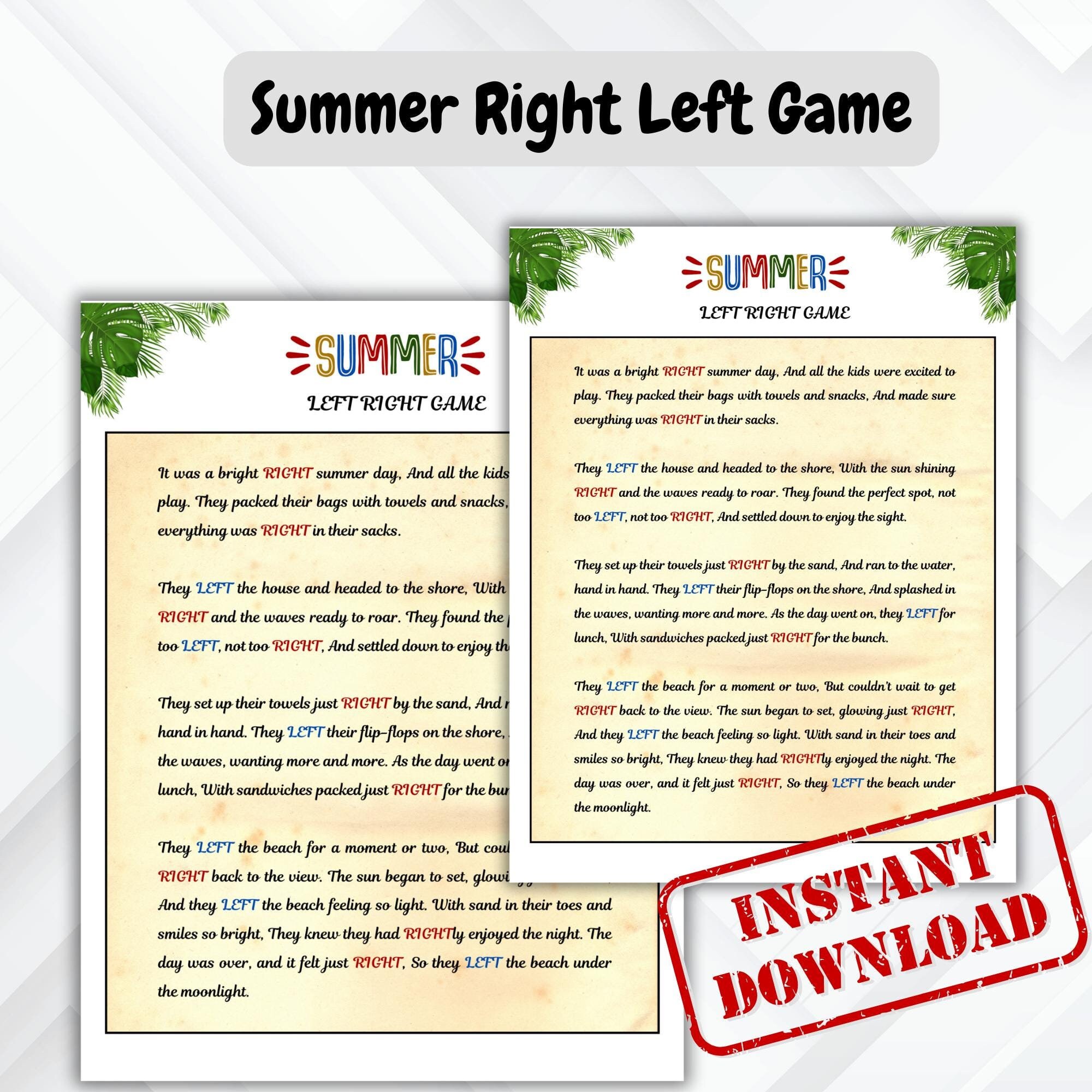 Summer Left Right Poem Game - Fun Summer Left Right Game - Pass Gift ...