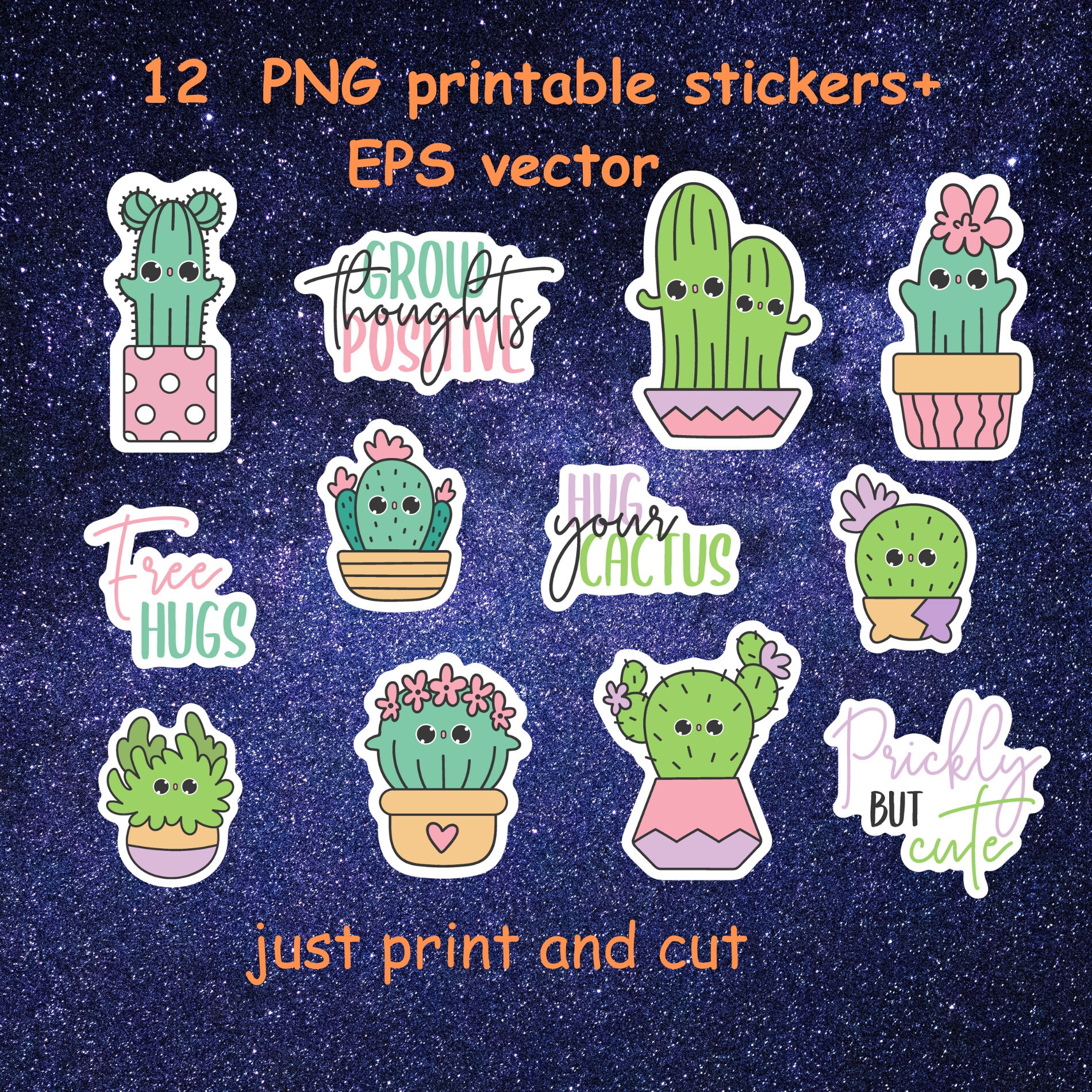 Kawaii Cactus Stickers, Printable Plant Decals (PNG, EPS) - Etsy