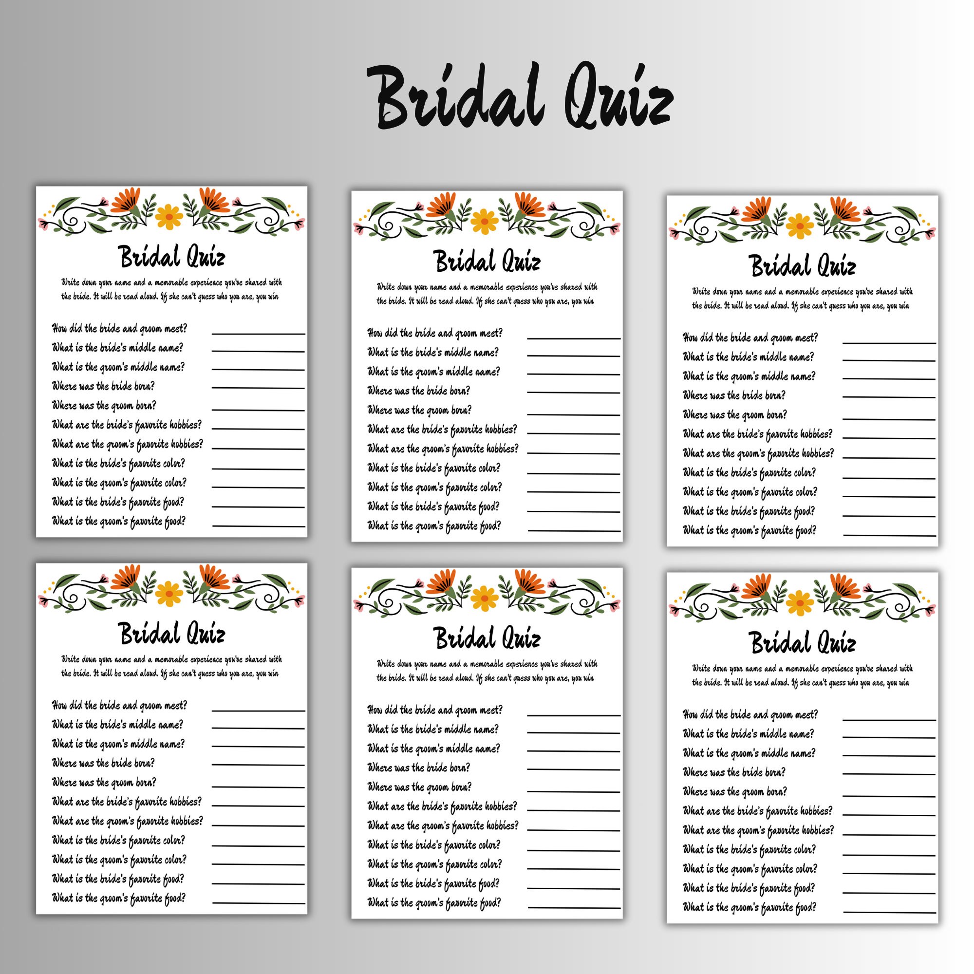Floral Bridal Trivia Game, Fun Bridal Shower Quiz (printable) - Etsy
