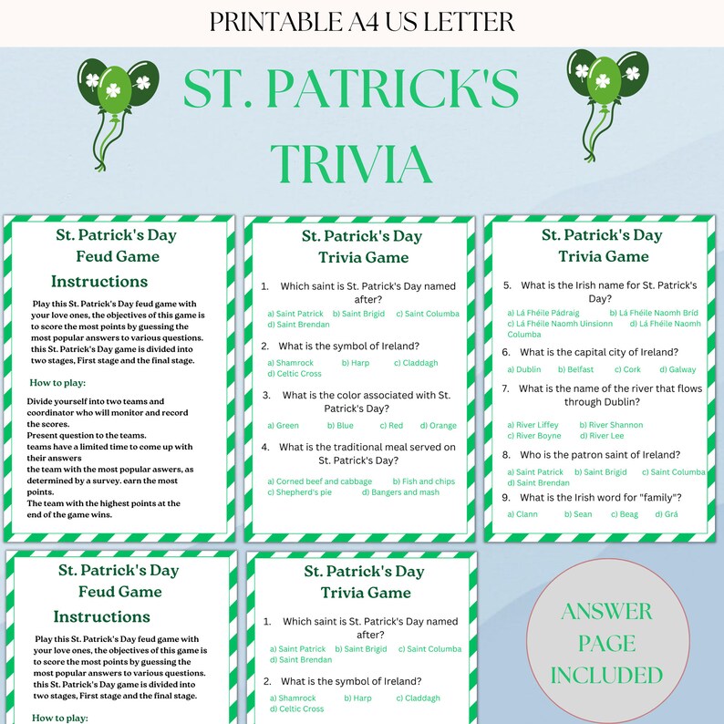 St. Patrick's Day Trivia Printable Game - Fun Irish Themed Party ...