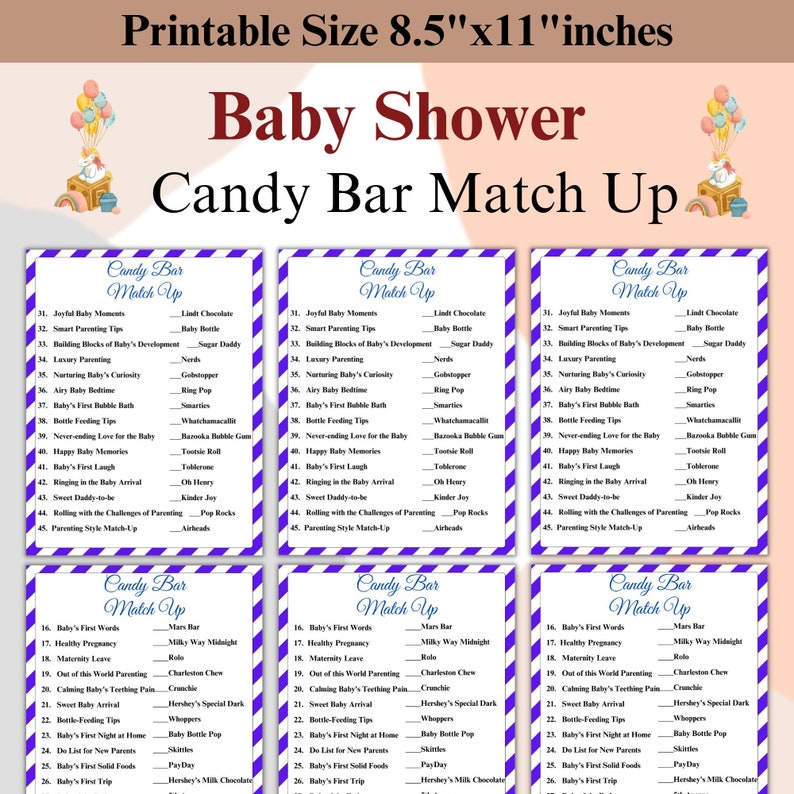 Baby Shower Candy Bar Match Up, Printable Baby Shower Candy Bar Match ...