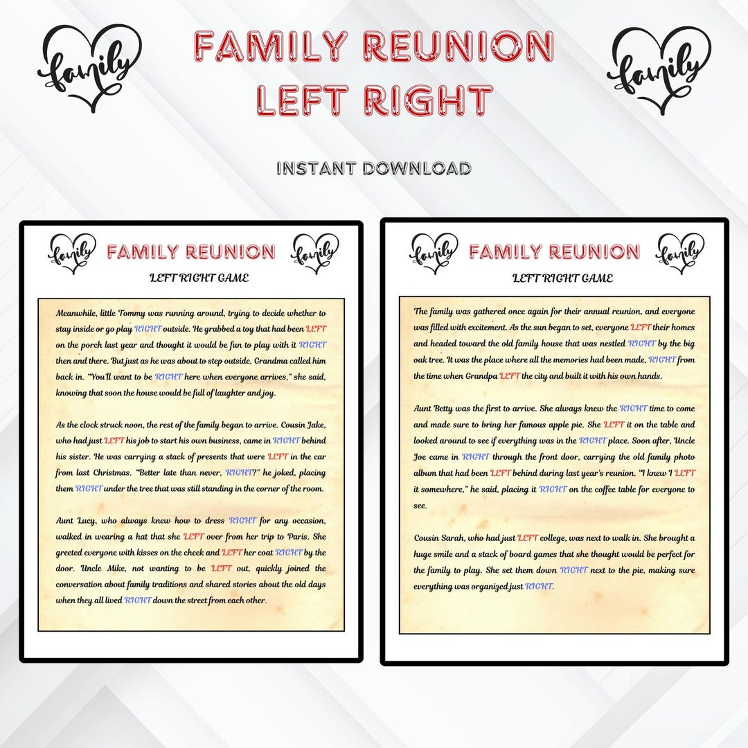 Family Reunion Left Right Game | Printable Story Activity (instant ...