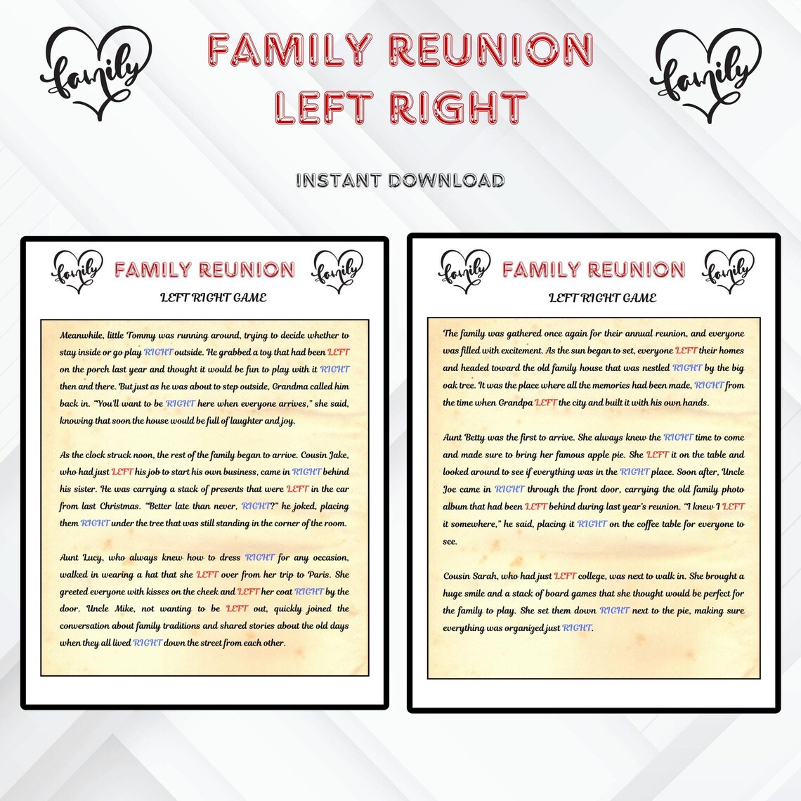 Family Reunion Left Right Game | Printable Story Activity (instant ...