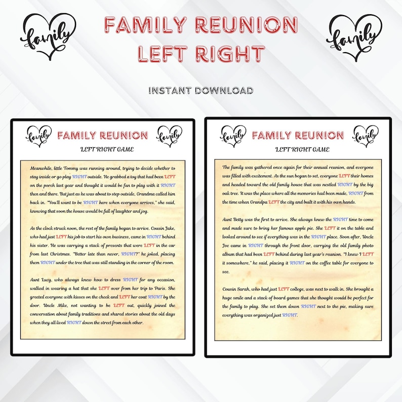 Printable Family Reunion Left Right Game | Fun Family Gathering ...