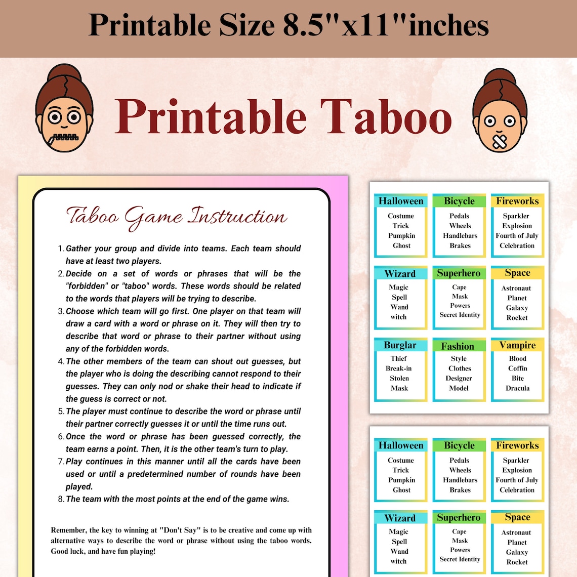 Printable Taboo Game, Taboo Game, Forbidden Words, Instant Download ...