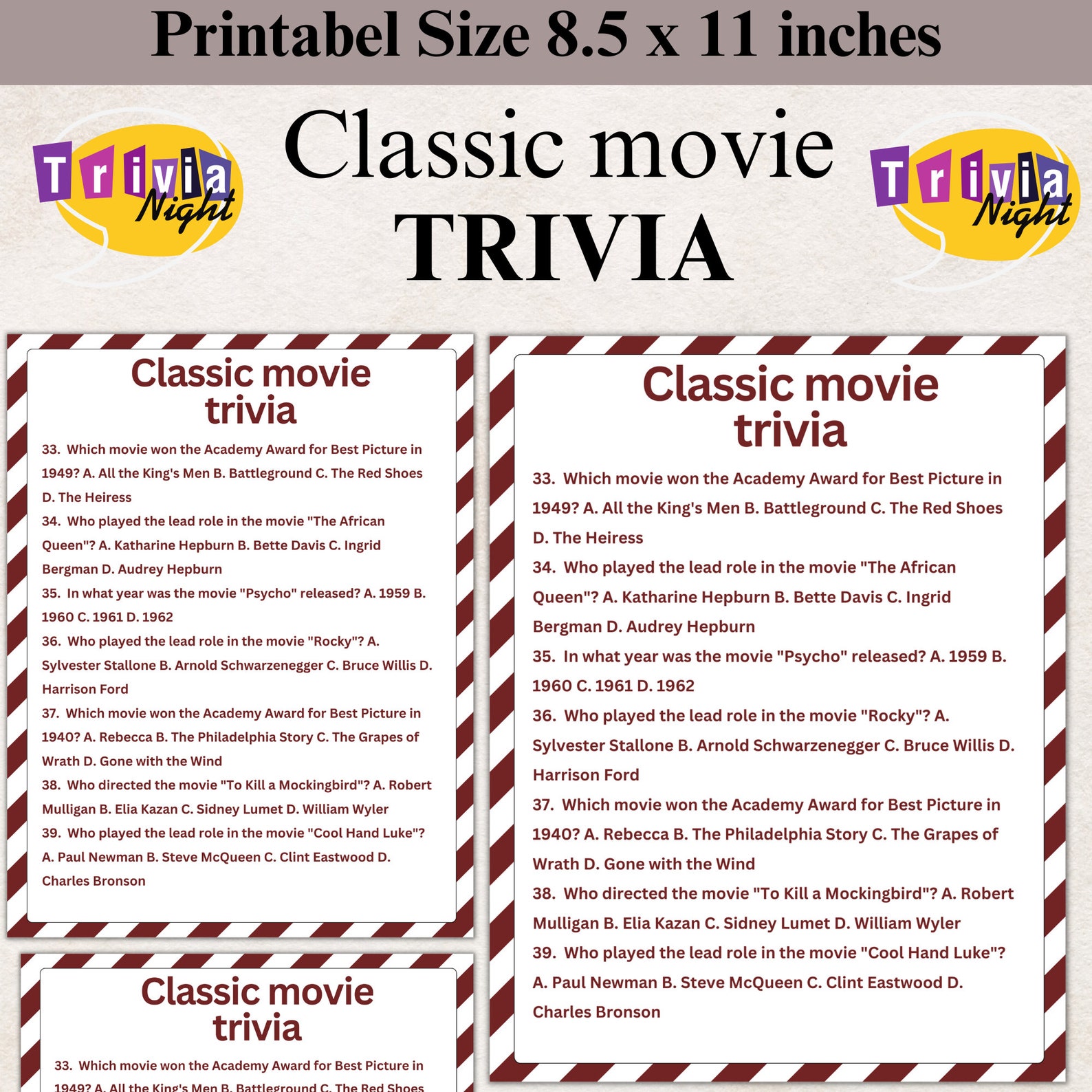 Classic Movie Trivia Game, Hollywood Golden Age (instant Download) - Etsy