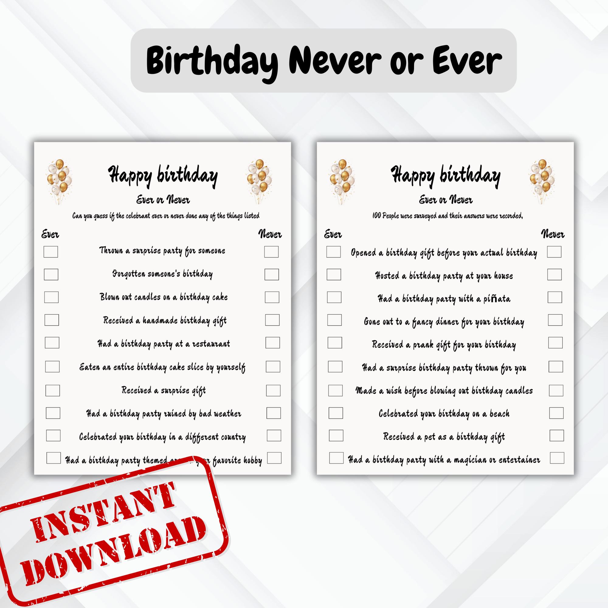 Printable Birthday Never Have I Ever Game | Fun Party Game | Birthday ...